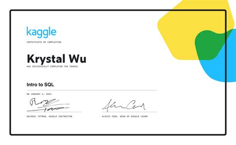 Krystal Wu Completed The Intro To SQL Course On Kaggle