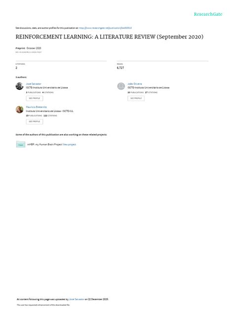 Reinforcement Learning A Literaturereview V2 Pdf Artificial Neural