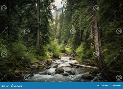 Forest With Towering Trees And Rushing River In The Background Stock Illustration Illustration