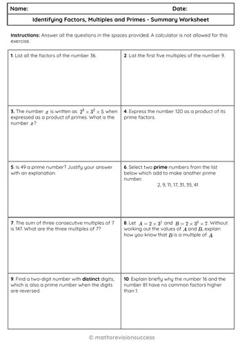 Identifying Factors Multiples And Primes Summary Worksheet Teaching Resources