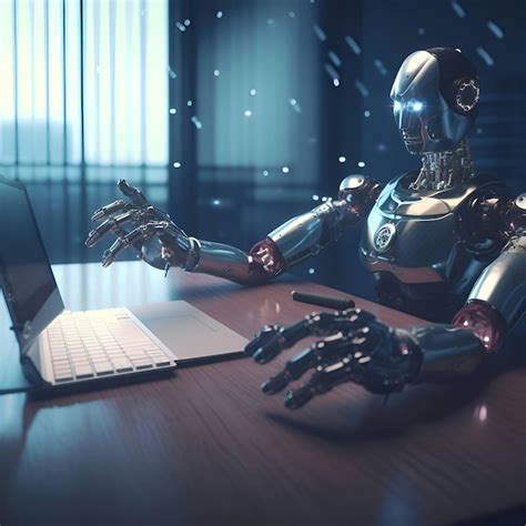 Premium Ai Image Robot Humanoid Working On Laptop Computer In Office 3d Rendering