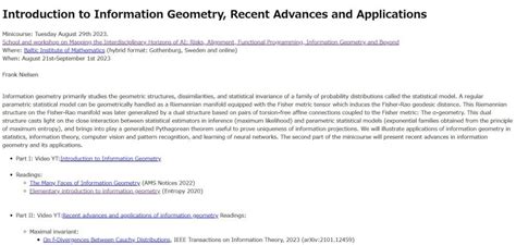 Frank Nielsen On Linkedin Minicourse On Information Geometry Tuesday August 29th 2023 At School