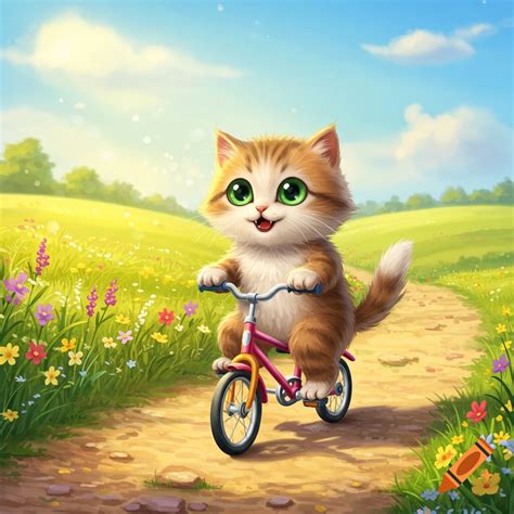 Cute Kitten Riding A Bike On Craiyon