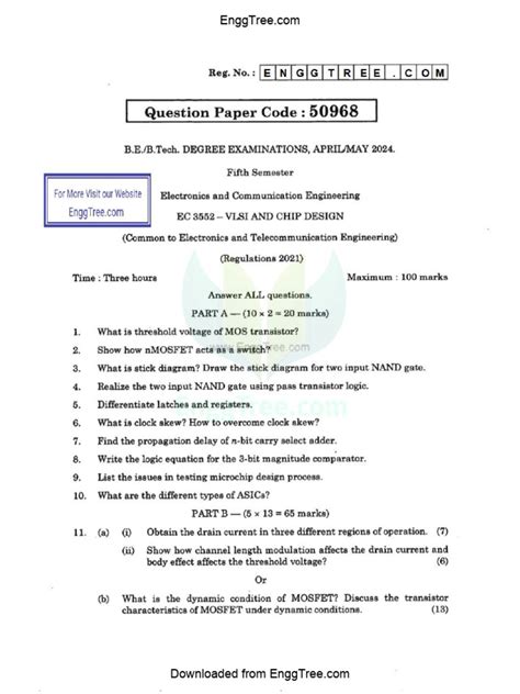 Ec3552 Vlsi And Chip Design Apr May 2024 Question Paper Pdf