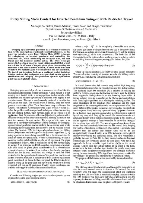 Pdf Fuzzy Sliding Mode Control For Inverted Pendulum Swing Up With