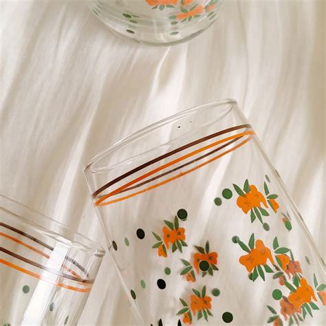 빈티지 앵커호킹 오렌지 플라워 유리컵