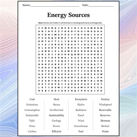 Energy Sources Word Search Puzzle Worksheet Activity Pdf Printablebazaar
