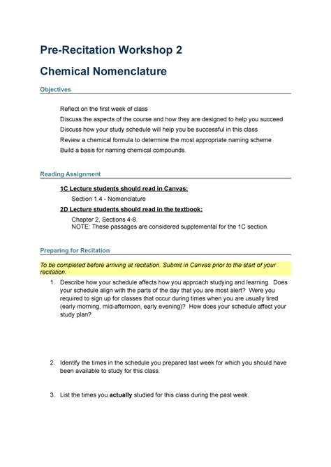 Pre Recitation Week 2 Assignmentquestions For Lecture Pre Recitation Workshop 2 Chemical