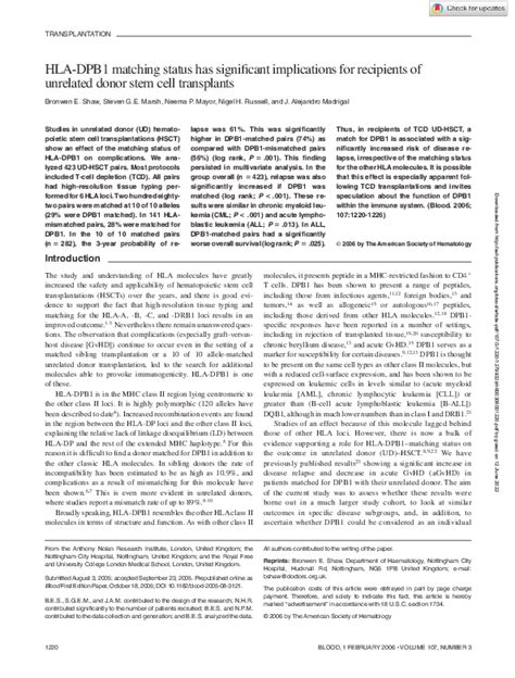 Pdf Hla Dpb1 Matching Status Has Significant Implications For Recipients Of Unrelated Donor