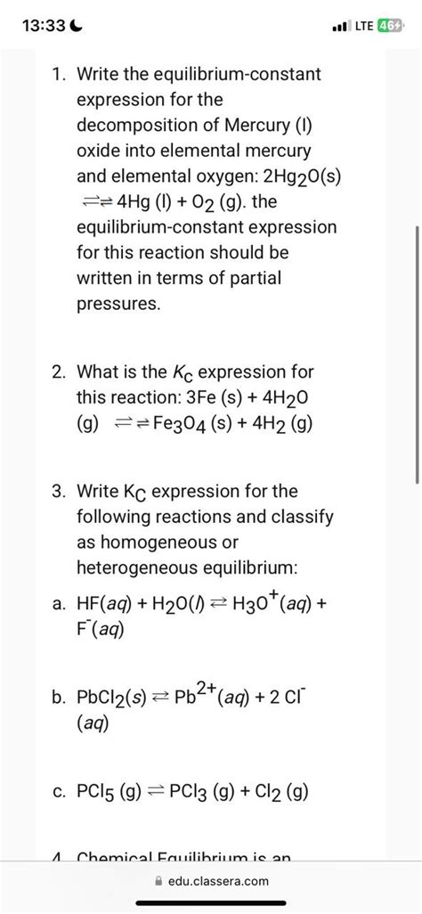 Solved 13 33 1i Lte 464 1 Write The Equilibrium Constant Expression For The Decomposition