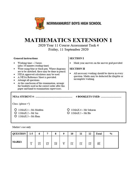 Normanhurst Boys 2020 3u Prelim Yearly And Solutions Pdf Function