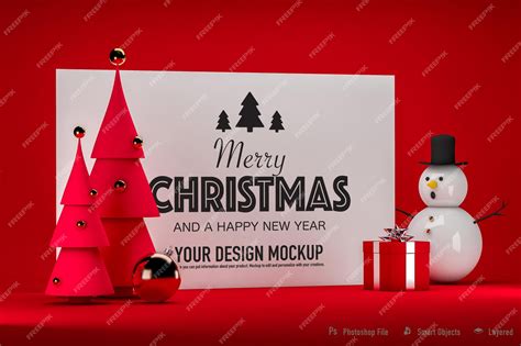 빨간 배경에 눈사람 크리스마스 트리 선물이 있는 크리스마스 초대 모형 프리미엄 Psd 파일