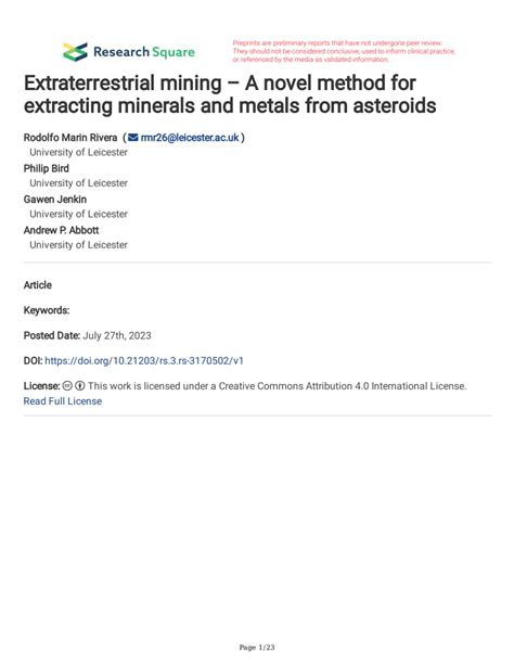 Pdf Extraterrestrial Mining A Novel Method For Extracting Minerals