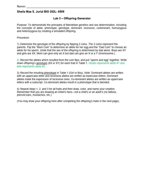 Lab 3 Offspring Generator Worksheet Pdf Dominance Genetics