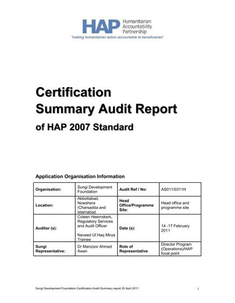 Audit Report Summary Findings Hap International