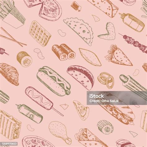 패스트 푸드 스케치 원활한 패턴 맛있는 음식 색깔의 장식 손으로 그린 벡터 그림 장식 벽지 배경 직물을위한 현대적인 스타일의 디자인 드로잉에 대한 스톡 벡터 아트 및 기타