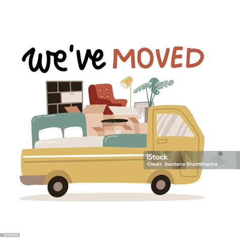 우리는 이동했습니다 배달 서비스 고립 된 개념에 대한 레터링 집을 옮기고 있습니다 골판지 상자가적재된 물품의 운송을 위한 트럭 가구배달 밴 벡터 플랫 일러스트레이션 이삿짐