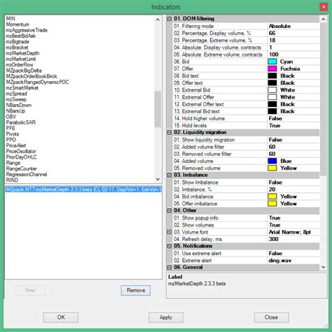 Marketdepth Ninjatrader Indicator Settings Window Mzpack For Ninjatrader