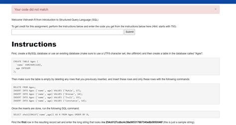 Your Code Did Not Matchwelcome Vishvesh R From