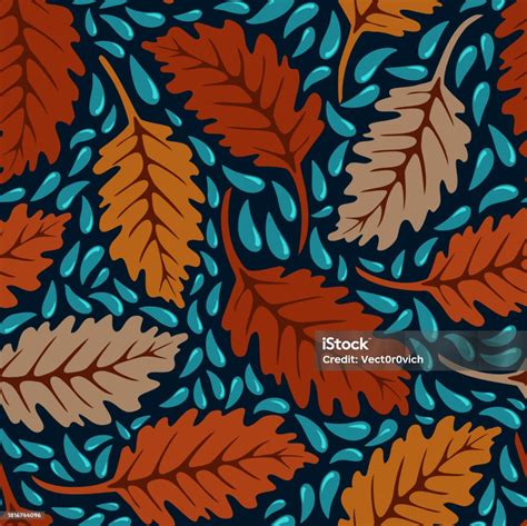 떨어지는 숲 오크 나무 나뭇잎 단풍 흙 같은 색상 팔레트와 흐르는 빗방울 원활한 패턴 가을 계절 축제 벡터 일러스트 레이 션