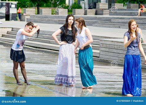 Girls In Street Fountain Editorial Stock Image Image Of Attractive