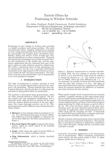 Pdf Particle Filters For Positioning In Wireless Networks