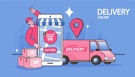 배달원이 판지 상자를 들고 있습니다 배달 밴 옆에 서 있는 남자 교통과 사람 남성 작업자가 트럭에 상자를 싣고 있습니다 온라인 쇼핑 전자 상거래 개념 벡터 평면 디자인