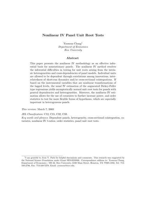 PDF Nonlinear IV Panel Unit Root Tests