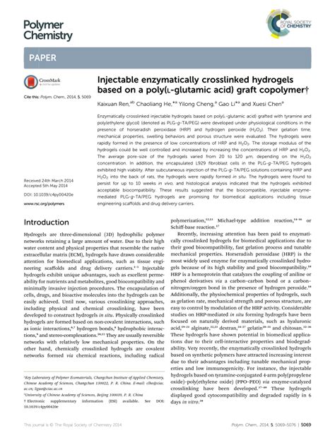 Pdf Injectable Enzymatically Crosslinked Hydrogels Based On A Polyl