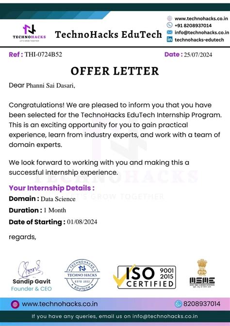 Phanni Sai Dasari On Linkedin Technohacks Datascience Internship