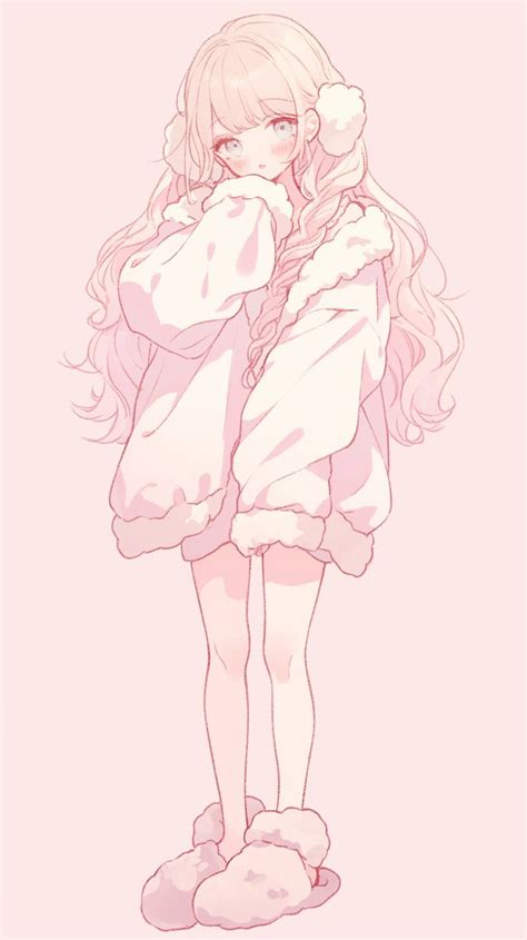 一个放松的女孩，长发披肩，穿着柔软的粉色睡衣，搭配毛茸茸的短裤和拖鞋，裹着温暖的毛毯。