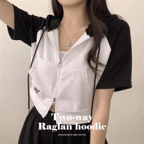 [귀여워요 데일리] 빈티지무드 투웨이 배색 나그랑 반팔 크롭 후드 집업 3color 에이블리