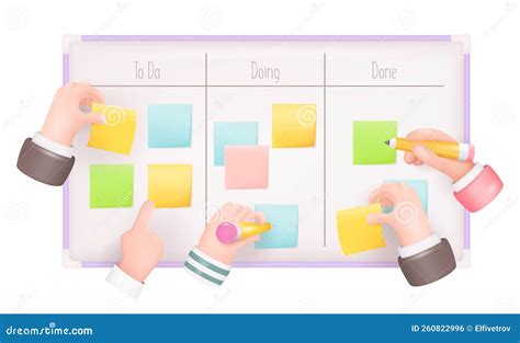 Kanban Board With Color Sticky Notes And Writing Hands Stock Vector