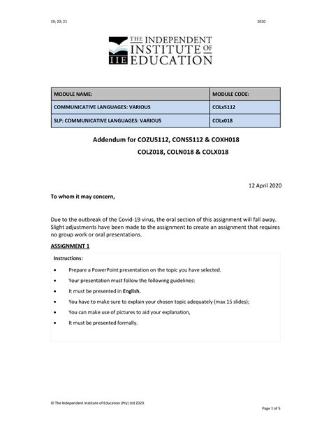 Addendum To Assignment 19 20 21 2020 © The Independent Institute Of