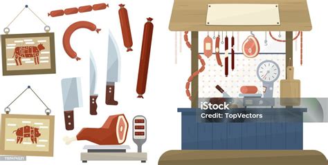 고기 카운터 전시 냉장고 진열 장 정육점 상점 미식 제품 벡터 일러스트 레이 션 농장에 대한 스톡 벡터 아트 및 기타 이미지