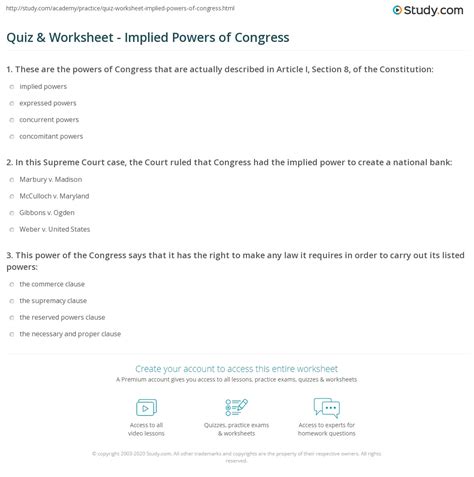 Quiz And Worksheet Implied Powers Of Congress