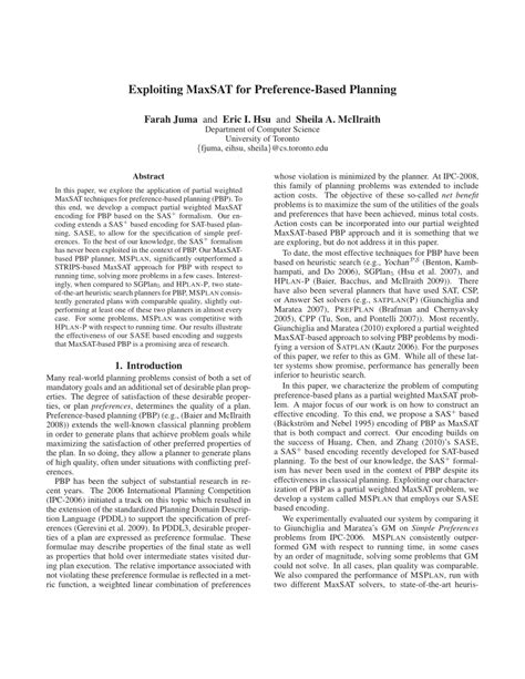 Pdf Exploiting Maxsat For Preference Based Planning