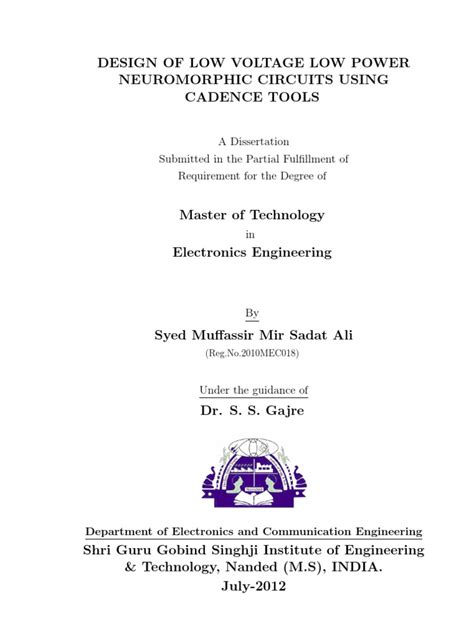 Design Of Low Voltage Low Power Neuromorphic Circuits Using Cadence Pdf Mosfet Cmos