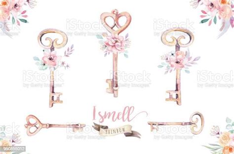 귀여운 수채화 유니콘 키 클립 아트 꽃으로 절연 되어 있습니다 보육 유니콘 키 그림입니다 공주 레인 보우 포스터입니다 분홍색 마법의 포스터 공주에 대한 스톡 벡터 아트 및