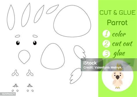 색상 잘라 접착제 종이 작은 앵무새 공예 활동 페이지를 잘라 붙여 넣기 유치원 어린이를위한 교육 게임 Diy 워크 시트 아이 로직 게임 퍼즐 벡터 스톡 일러스트레이션입니다