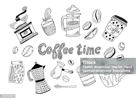 인터넷 커피 데이 카드 디자인 흰색 배경에 설정 된 검은 윤곽 음료 낙서 콩과 글자 벡터 일러스트와 커피 머그잔 개체 그룹에