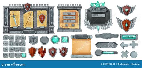 Stone Game Ui Vector Set Rpg Rock Button Interface Award Frame Kit Gray Boulder Sign Board