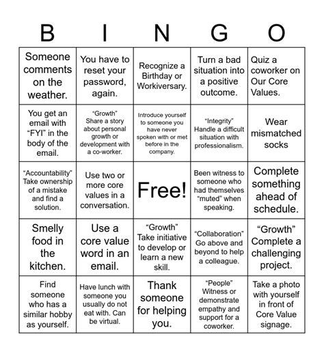 Core Values Bingo Bingo Card