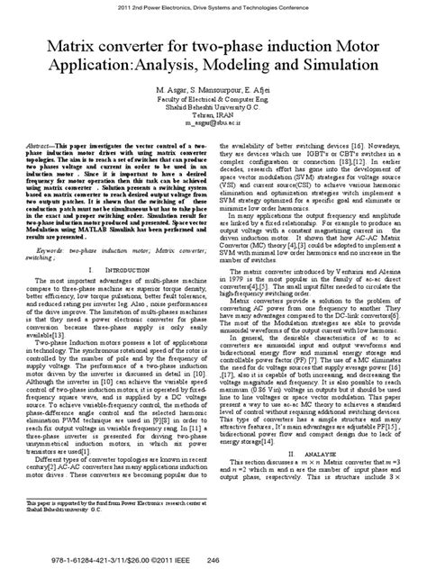 Matrix Converter For Two Phase Induction Motor Application Analysis Modeling And Simulation