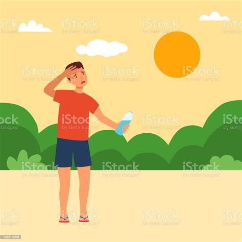 Young Man Holding A Bottle Of Water In Hot Climate Flat Design Hot