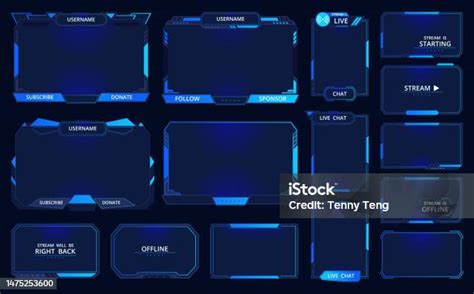 게임 스트림 프레임 미래 게이머 라이브 스트리밍 인터페이스 화면 Mmo 게임 메뉴 화려한 프레임 평면 벡터 일러스트 세트 게이머 스트림 요소 점수판에 대한 스톡 벡터 아트