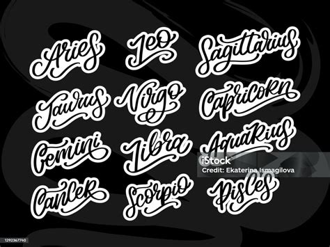 조디악 문자 벡터 기호 만화 점성술 텍스트 일러스트레이션 별자리 필기 아이콘 세트입니다 0명에 대한 스톡 벡터 아트 및 기타