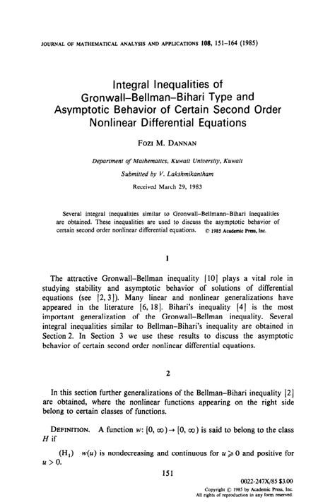 Pdf Integral Inequalities Of Gronwall Bellman Bihari Type And Asymptotic Behavior Of Certain