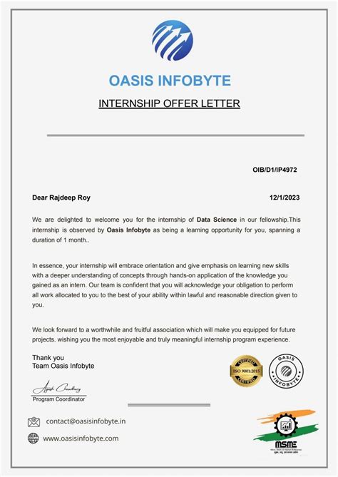 Internship Of Oasis Infobyte Thanks For Giving Me The Opportunity Rajdeep Roy