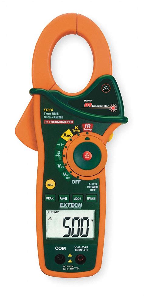 EXTECH Clamp On Digital Clamp Meter 58 To 1832F Temp Range 1 8 In 46mm Jaw Capacity CAT